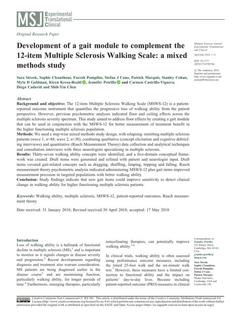 Pdf Development Of A Gait Module To Complement The 12 Item Multiple Sclerosis Walking Scale A