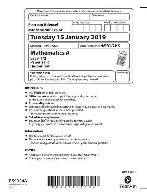 Igcse Maths 4ma1 2hr Jan19 Pdf Area Triangle