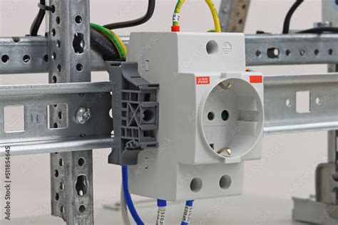Electrical Outlets Installed On The Din Rail In The Production Process Control Panel Stock