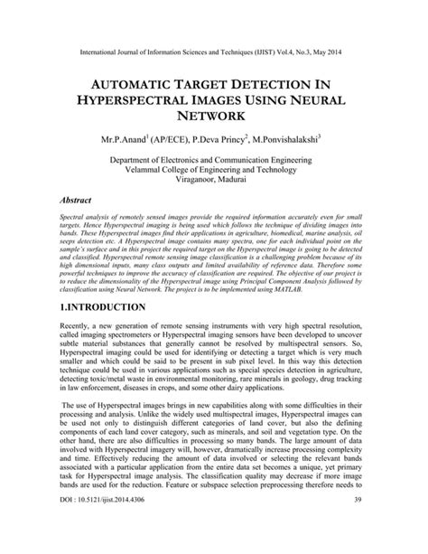 Automatic Target Detection In Hyperspectral Images Using Neural Network Pdf