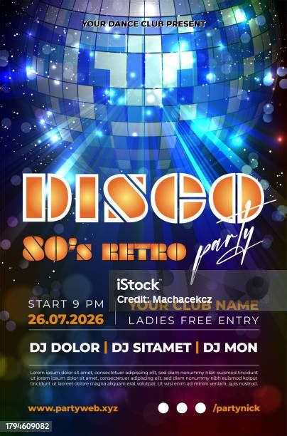 별도의 레이어에 샘플 텍스트가 있는 디스코 파티 포스터용 템플릿 미러볼에 대한 스톡 벡터 아트 및 기타 이미지 미러볼 문자