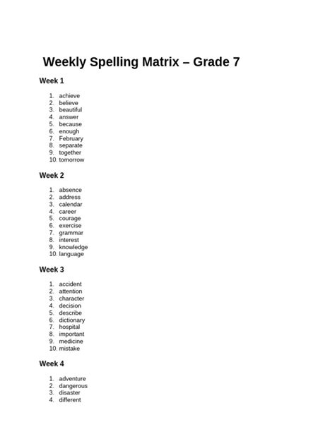 Weekly Spelling Matrix Grade 7 Pdf