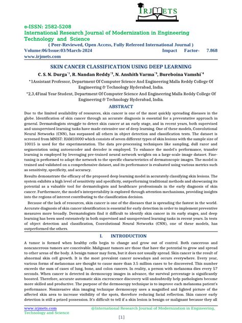 Skin Cancer Classification Using Deep Learning Irjmets Pdf Melanoma Artificial Neural Network