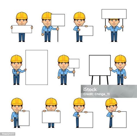 다양 한 빈 배너로 포즈를 취한 장인 캐릭터 세트 재미 노동자 종이를 들고 포스터 플 래 카드 화이트 보드를 가리키는 교육 광고