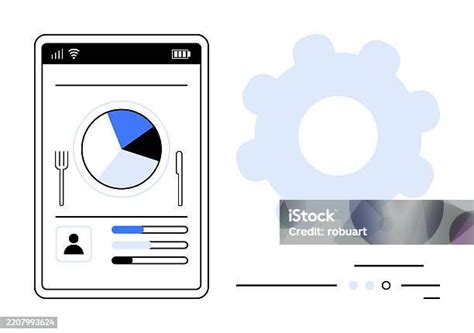 파이 차트와 사용자 통계를 표시하는 모바일 앱으로 설정 또는 구성을 상징하는 톱니바퀴 아이콘이 있습니다 Brand Name Smart Phone에 대한 스톡 벡터 아트 및