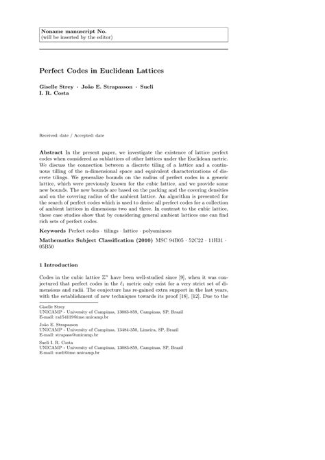 Pdf Perfect Codes In Euclidean Lattices