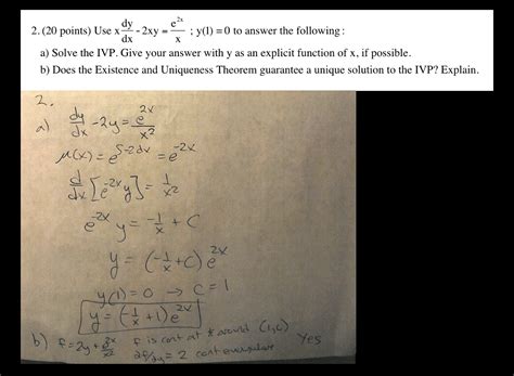 Solved 20 ﻿points ﻿use Xdydx 2xy E2xx Y 1 0 ﻿to Answer