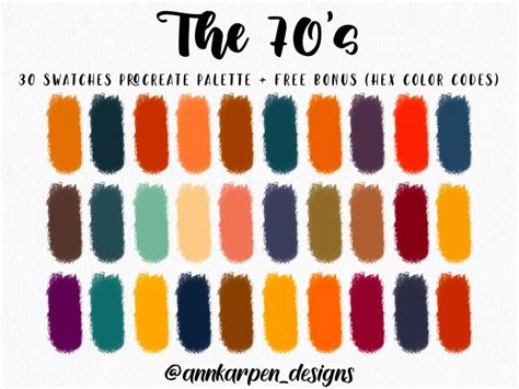 The 70 S Retro Procreate Palette 30 HEX Color Codes Instant Digital
