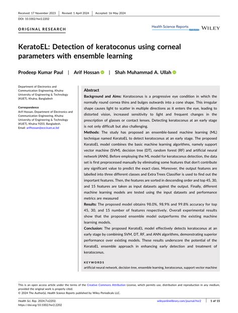 Pdf Keratoel Detection Of Keratoconus Using Corneal Parameters With Ensemble Learning