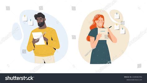 Set Characters Taking Notes Man Woman Stock Vector Royalty Free