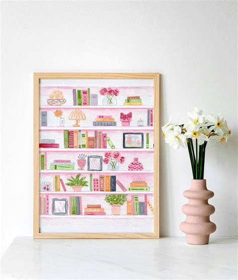 Art Print Bookshelf Cute Bookcase Wall Art For Book Lovers Art Print Watercolor Bookshelf Girly