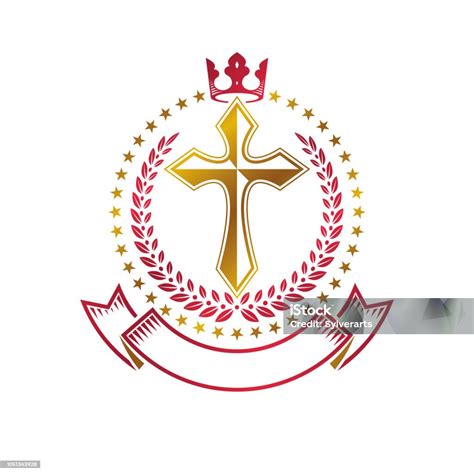 로얄 크라운으로 만든 골든 엠 블 럼 크로스 기독교 월계관 및 럭셔리 리본 팔의 문장 학 외 투 장식 기호 고립 벡터 일러스트 레이 션 종교와 영 성 기호입니다 0명에 대한