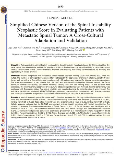 Pdf Simplified Chinese Version Of The Spinal Instability Neoplastic