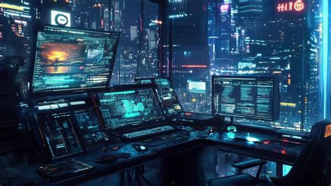 Futuristic Cybersecurity Center Monitoring Network Traffic In A Cyberpunk City Stock Footage