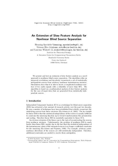 Pdf An Extension Of Slow Feature Analysis For Nonlinear Blind Source Separation
