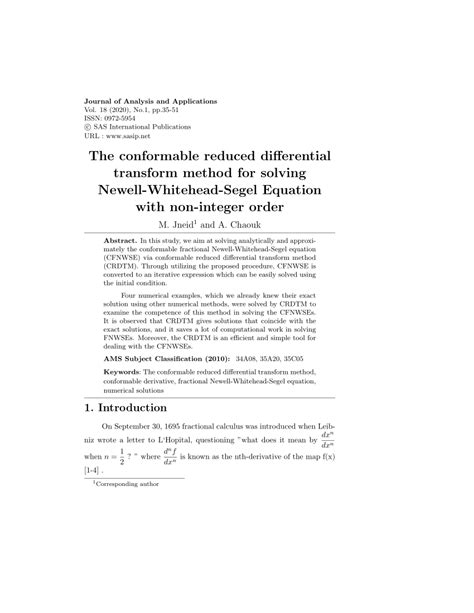 Pdf The Conformable Reduced Differential Transform Method For Solving Newell Whitehead Segel