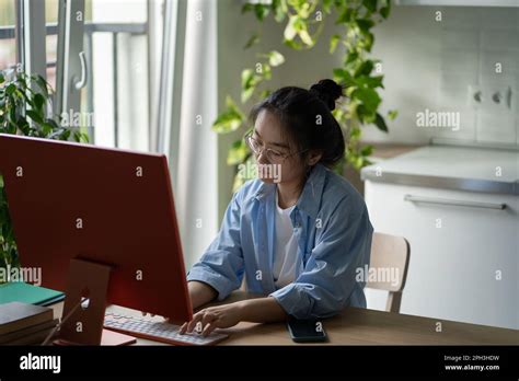 Focused Asian Woman It Developer Wearing Glasses Writing Code On