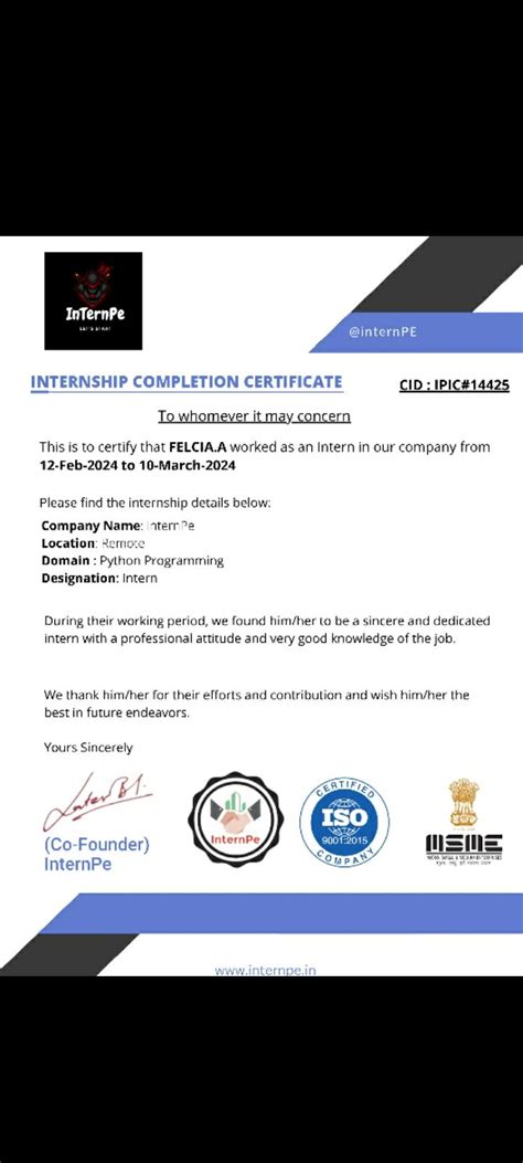 felcia a on linkedin internship internpe python programjng