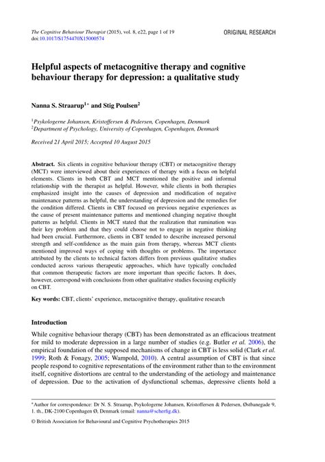 Pdf Helpful Aspects Of Metacognitive Therapy And Cognitive Behaviour Therapy For Depression A