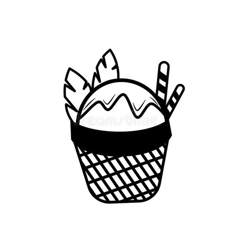 Line Art Of Ice Cream In A Waffle Bowl With Cream Cookies And