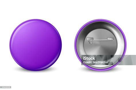 벡터 3d 현실적인 빈 보라색 둥근 단추 배지는 흰색 배경에 격리된 근접 촬영을 설정합니다 버튼 배지 플라스틱 또는 금속 Id 배지 디자인 템플릿 모형 앞 View 3차원