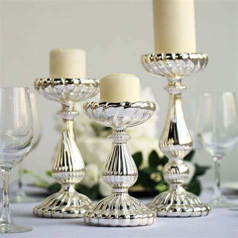 Set Of 3 Mercury Silver Glass Pillar Candle Holder Stands Votive
