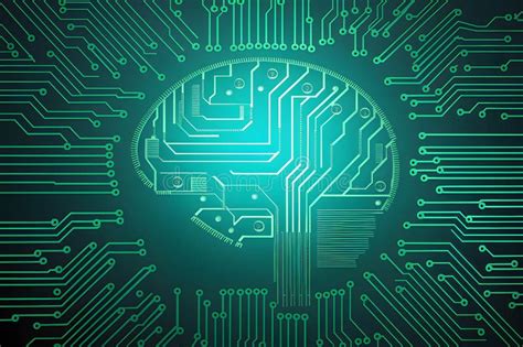 Complex Cyborg Brain Design Depicted On Glowing Circuit Board Stock