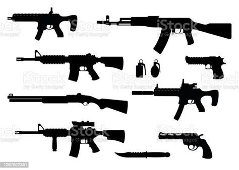 무기 군사 소총 리볼버와 사막 독수리 권총 산탄총 카빈 수류탄 칼과 기관단총 검은 간단한 아이콘 벡터 일러스트 흰색으로 분리 세트 아이콘에 대한 스톡 벡터 아트 및 기타