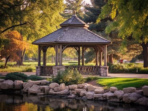 Beautiful Round Shape Gazebo In The Park Designed By The Landscape Architect Stock Illustration