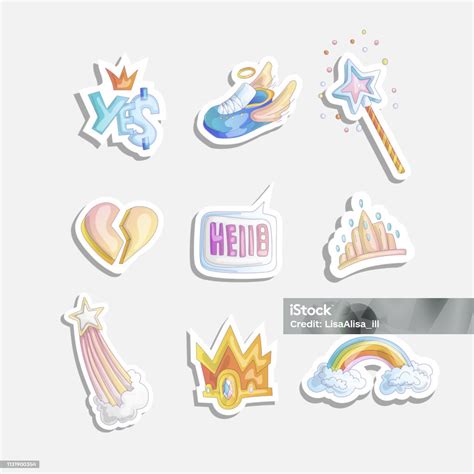 귀여운 소녀 공주 아이콘을 설정 합니다 운동 화 심장 구름에서 무지개 티아라 마술 지팡이와 함께 귀여운 공주 스티커의 컬렉션입니다 공주와 귀여운 만화 스티커 세트 요정