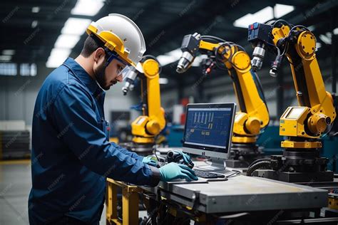 Premium Ai Image Engineer Manager Checking And Controling Automation Robot Arms Machine In