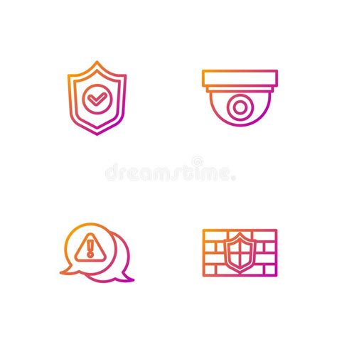 Set Line Shield With Brick Wall Exclamation Mark In Triangle Check