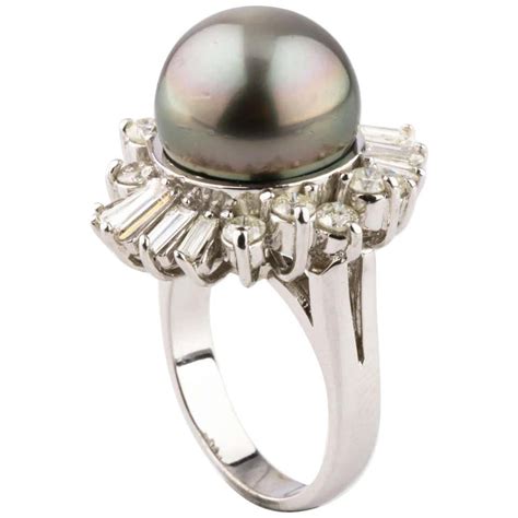Tahitian Pearl And Diamond Ring Set In 14 Karat White Gold At 1stdibs