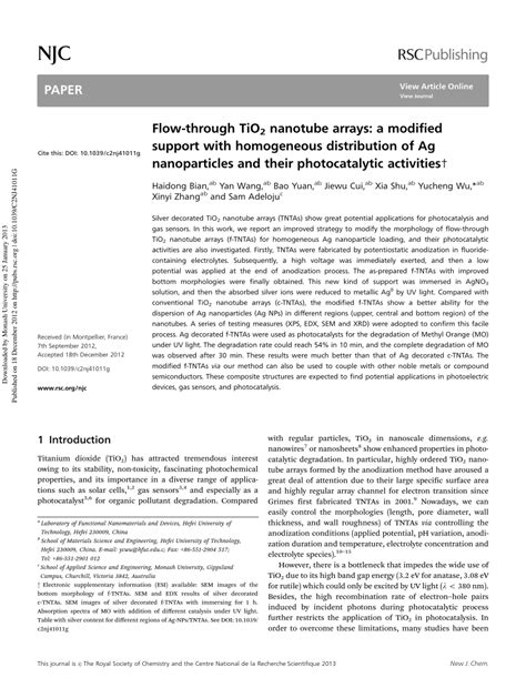Pdf Flow Through Tio2 Nanotube Arrays A Modified Support With Homogeneous Distribution Of Ag