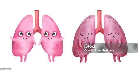 폐 건강하고 병에 걸린 장기 어린이 스타일의 수채화 일러스트 흰색 배경에서 격리된 문자입니다 핑크 만화 해부학 감정에 대한 스톡 벡터 아트 및 기타 이미지 Istock