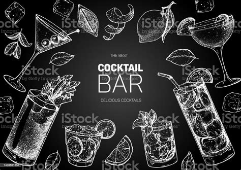 알코올 칵테일 손으로 그린 벡터 일러스트레이션 칵테일 스케치 세트 각인 된 스타일 Caipiroska에 대한 스톡 벡터 아트 및