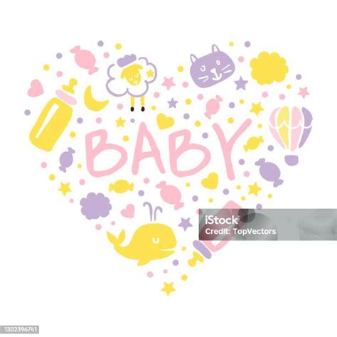 아기 배너 템플릿 어린이 제품 및 하트 모양의 액세서리 전단지 브로셔 책 표지 포스터 Iinvitation 파스텔 색상 만화 벡터 일러스트 0명에 대한 스톡 벡터 아트 및