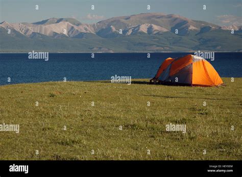 Backpacking Tent Overlooking Lake Khövsgöl Northern Mongolia Stock