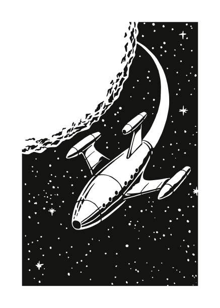 Black And White Spaceship Vintage Illustrations Royalty Free Vector