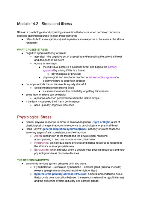 Psy100h1 Utsg Reading Notes Module 142 Stress And Illness Module