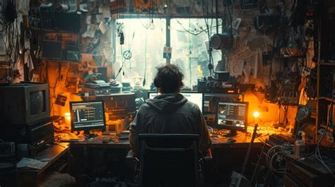 Omputer Burglar Hacker Sits In A Room Among Computers And Wires At Work Premium Ai Generated Image