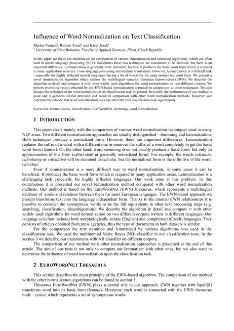 Pdf Influence Of Word Normalization On Text Classification