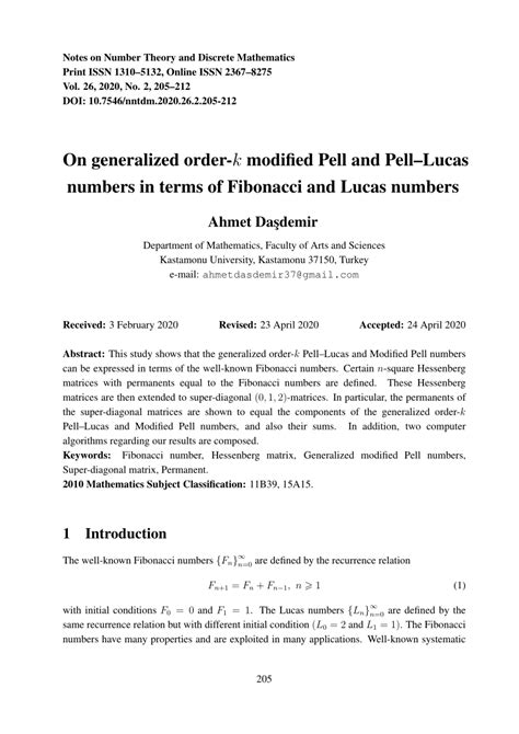 Pdf On Generalized Order K Modified Pell And Pell Lucas Numbers In