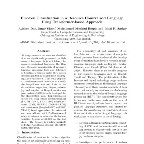 Emotion Classification In A Resource Constrained Language Using Transformer Based Approach Acl