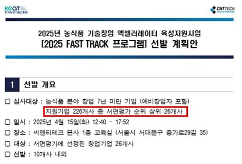 2025 농식품 기술창업 액셀러레이터 육성지원 사업 Fasttrack 프로그램 200개 회사가 떨어지고 11만이 서면 평가