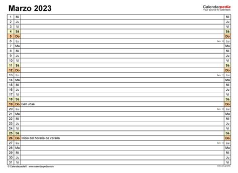Calendario Marzo 2023 En Word Excel Y Pdf Calendarpedia