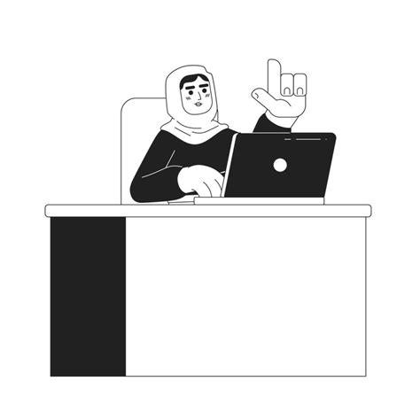 Muslim Woman In Hijab Working On Computer 2d Vector Monochrome Isolated