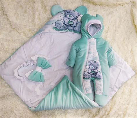 Велюровый стильный комплект на выписку с роддома для новорожденных Медвежонок с сердцем