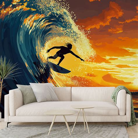 Papier Peint Surf Au Coucher De Soleil Émotions De Vagues Et Couleur