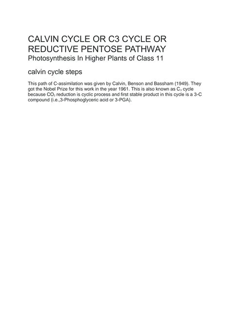 Solution Class Notes Of Photosynthesis In Higher Plants Class 11 Calvin Cycle Or C3 Cycle Or